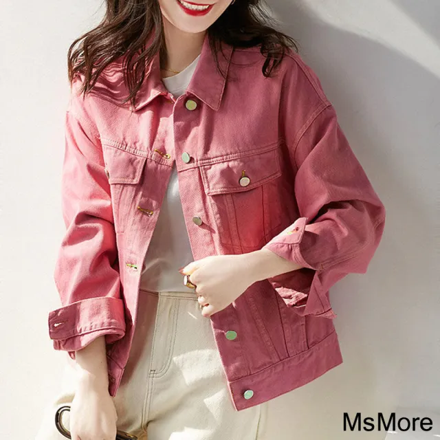 【MsMore】韓版粉色寬鬆百搭長袖高棉牛仔短版外套#113594現貨+預購(玫紅) - momo購物網 - 好評推薦