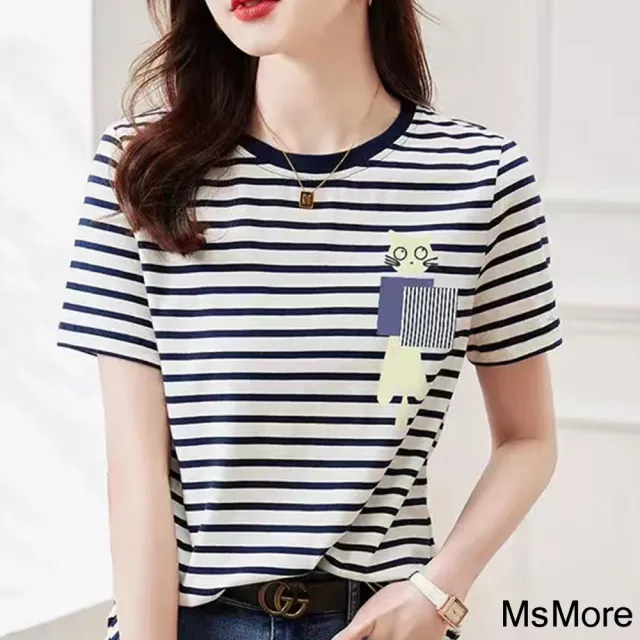 【MsMore】圓領條紋T恤貓咪印花輕熟風短袖寬鬆短版百搭上衣#118598(藍) - momo購物網 - 好評推薦