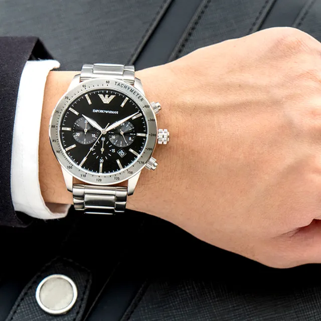 【EMPORIO ARMANI】亞曼尼 公司貨 Mario 鋼鐵型男三眼計時不鏽鋼腕錶/銀x黑面(AR11241) - momo購物網 ...