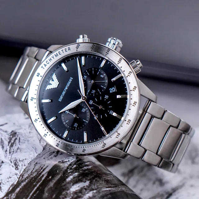 【EMPORIO ARMANI】亞曼尼 公司貨 Mario 鋼鐵型男三眼計時不鏽鋼腕錶/銀x黑面(AR11241) - momo購物網 ...