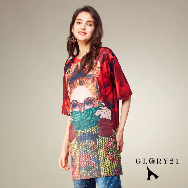 【GLORY21】速達-寬鬆長版時尚印花上衣(紅色) - momo購物網 - 好評推薦 -2023年11月