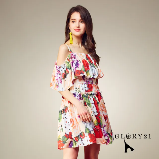 【GLORY21】速達-露肩荷葉花卉印花洋裝(紅色) - momo購物網 - 好評推薦 -2024年6月