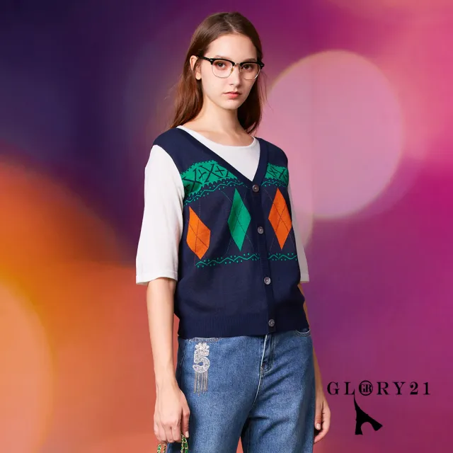 【GLORY21】速達-網路獨賣款-假兩件背心拼接圓領五分袖針織上衣(深藍) - momo購物網 - 好評推薦 -2024年4月