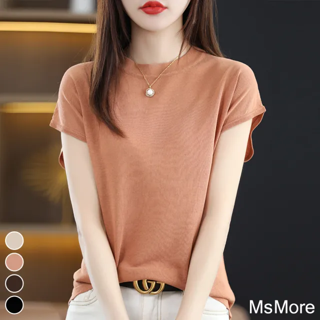 【MsMore】半高領超短袖天絲亞麻質感短款純色上衣針織衫#119380(黑/杏/咖/可可) - momo購物網 - 好評推薦