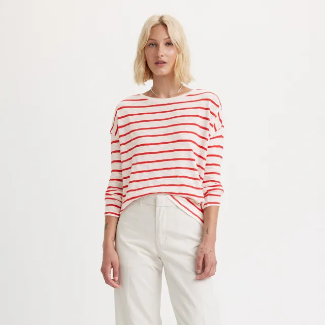 【LEVIS】女款 寬領長袖T恤 / 薄針織條紋細節 / 紅 人氣新品 A7248-0002 - momo購物網 - 好評推薦 -2024年2月
