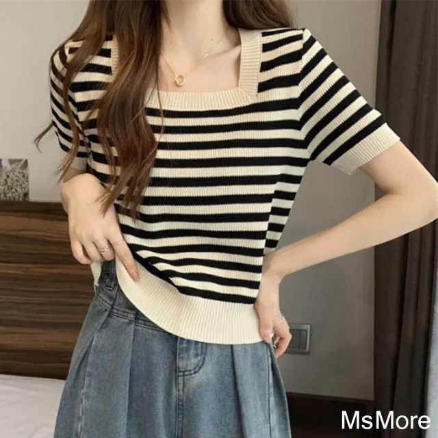 【MsMore】條紋冰絲針織短袖寬鬆時尚減齡體恤顯瘦方領短版上衣#121278(黑/卡其) - momo購物網 - 好評推薦