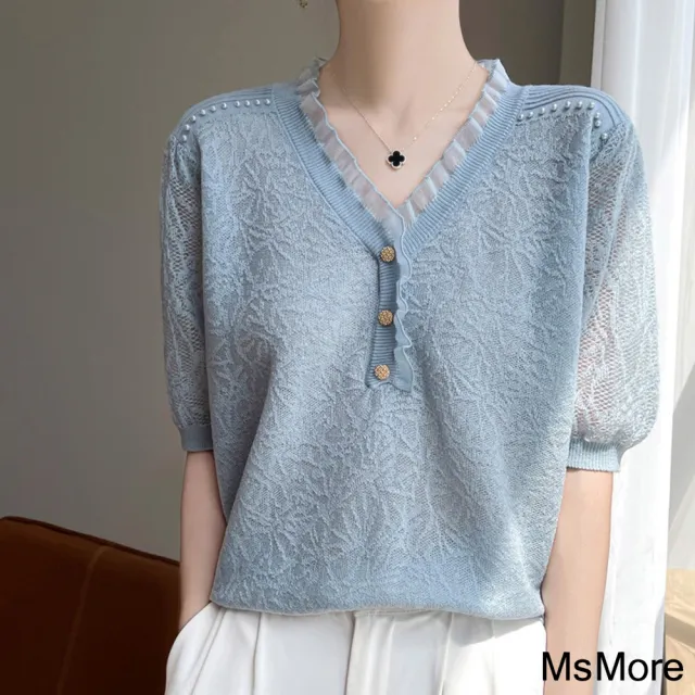 【MsMore】法式鉤花鏤空V領釘珠設計冰絲針織短袖寬鬆百搭氣質短版上衣#122456(粉紅/杏/藍) - momo購物網 - 好評推薦