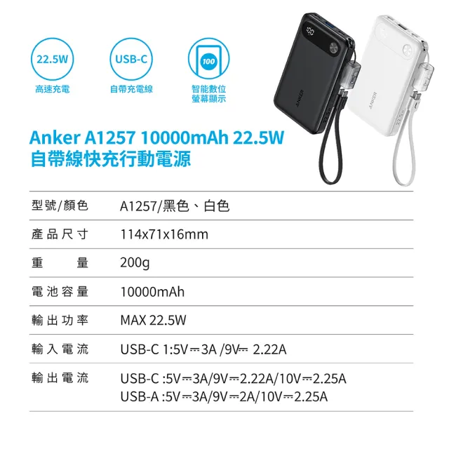 【ANKER】A1257 Anker 10000mAh 22.5W 自帶線快充行動電源(黑/白) - momo購物網 - 好評推薦 -2024年11月