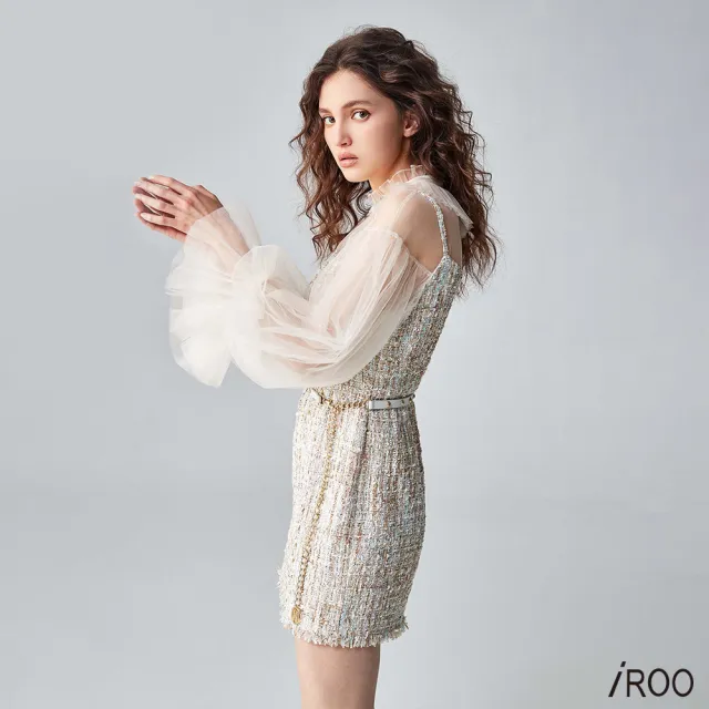 【iROO】鑲亮片花呢紗假兩件洋裝 - momo購物網 - 好評推薦 -2024年10月