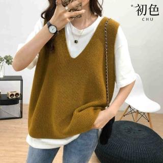 【初色】寬鬆純色大V領無袖中大碼針織背心上衣女背心-共5色-38252(F可選/現貨+預購)-momo購物網 - 好評推薦 - 2025年10月