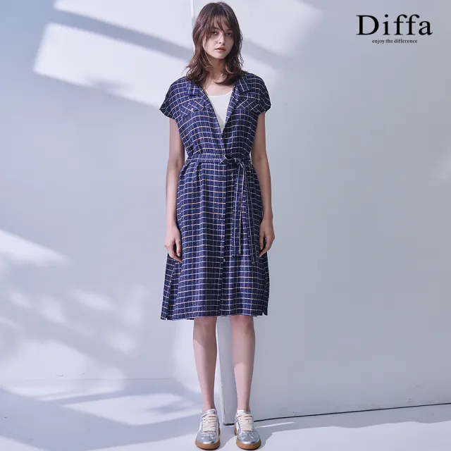 【Diffa】藍格連袖設計開襟綁帶洋裝-女 - momo購物網 - 好評推薦 -2025年2月